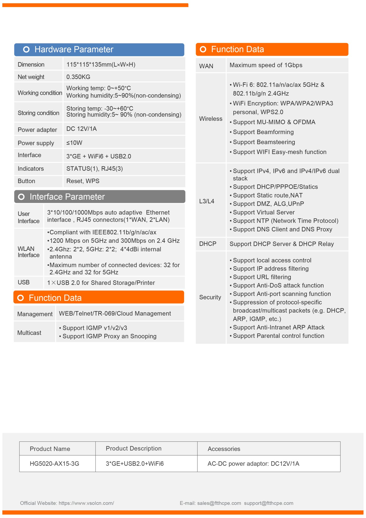 V-SOL HG5020 AX15-3G Mesh WIFI6 Router :3GE+1FE+AX WIFI