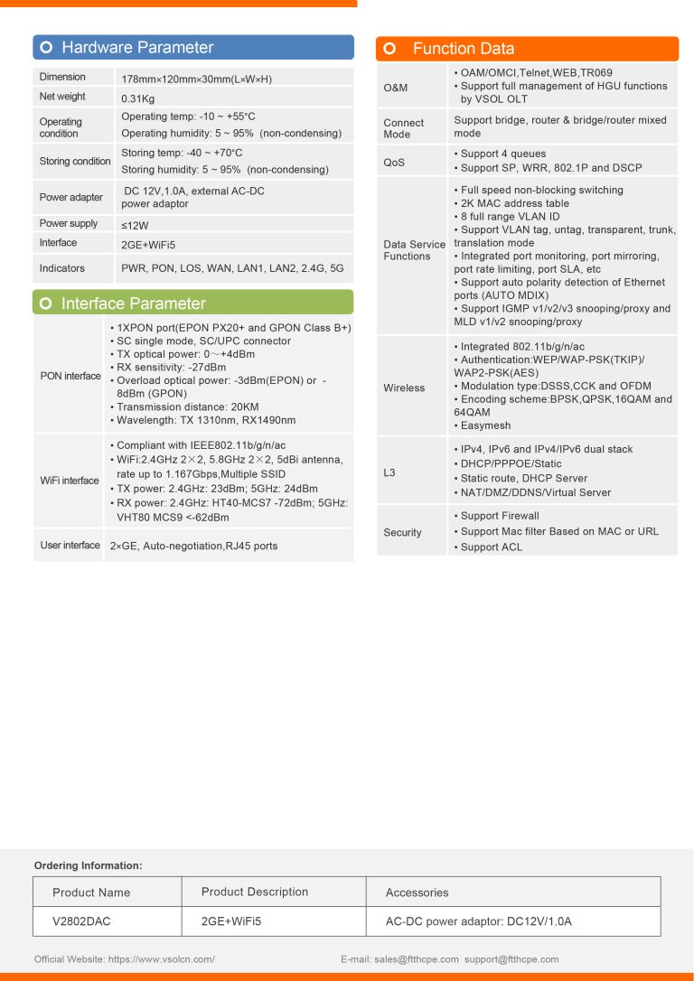 V-SOL V2802DAC xPON ONU Router AC 1200MBPS: 2GE+AC WIFI,4 x Antena FEM ...
